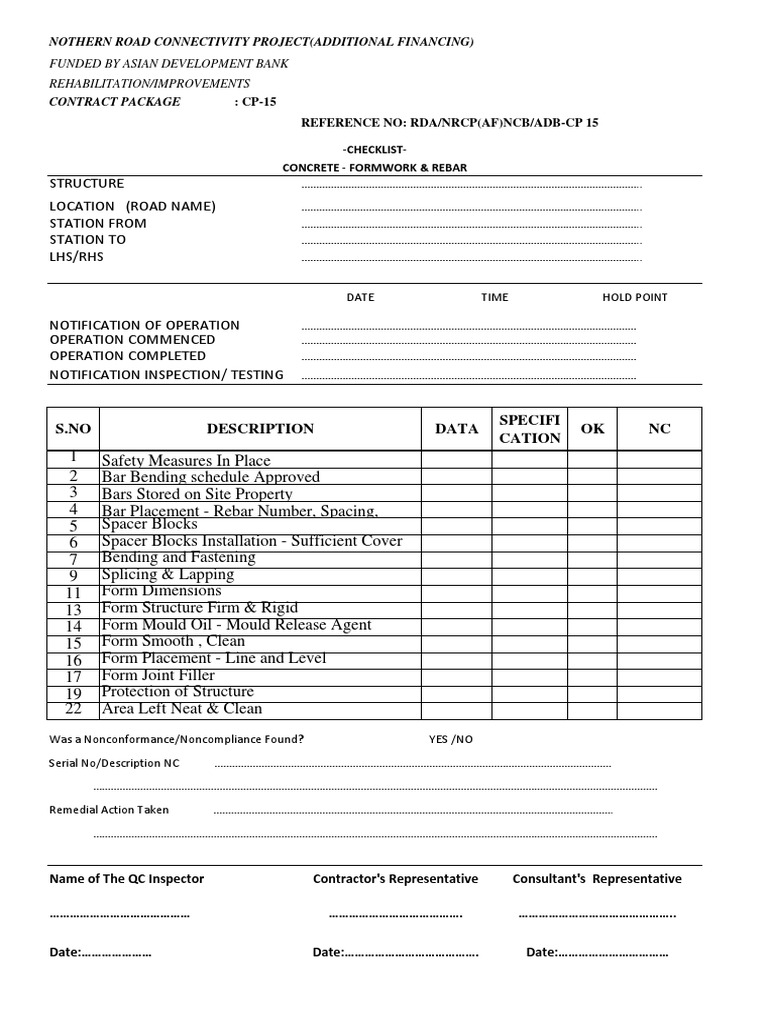 Inspection Checklist for Concrete Formwork and Rebar Installation on ...