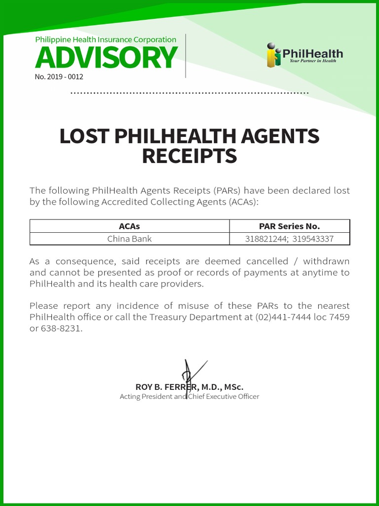 Lost PhilHealth Receipts Declared Cancelled | PDF