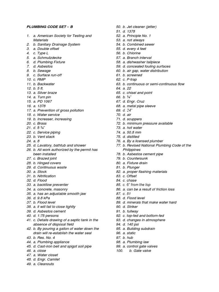 7000 PLUMBING CODE SET B Answer Key Correction | PDF | Plumbing | Sanitation
