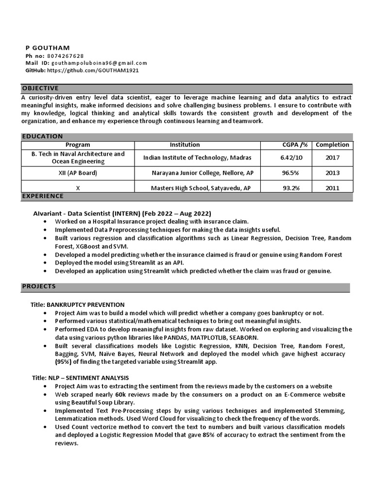 Goutham Resume | PDF | Statistics | Machine Learning Goutham Resume | PDF | Statistics | Machine Learning