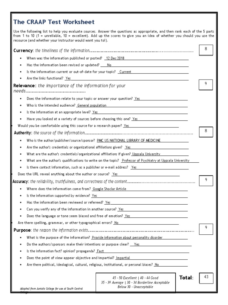 Activity CRAAP Test Worksheet | Download Free PDF | Psychology ...