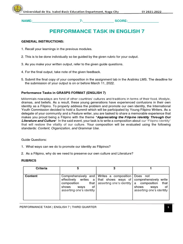 English 7 Performance Task 3RD Quarter | PDF | Rubric (Academic) | Behavior Modification