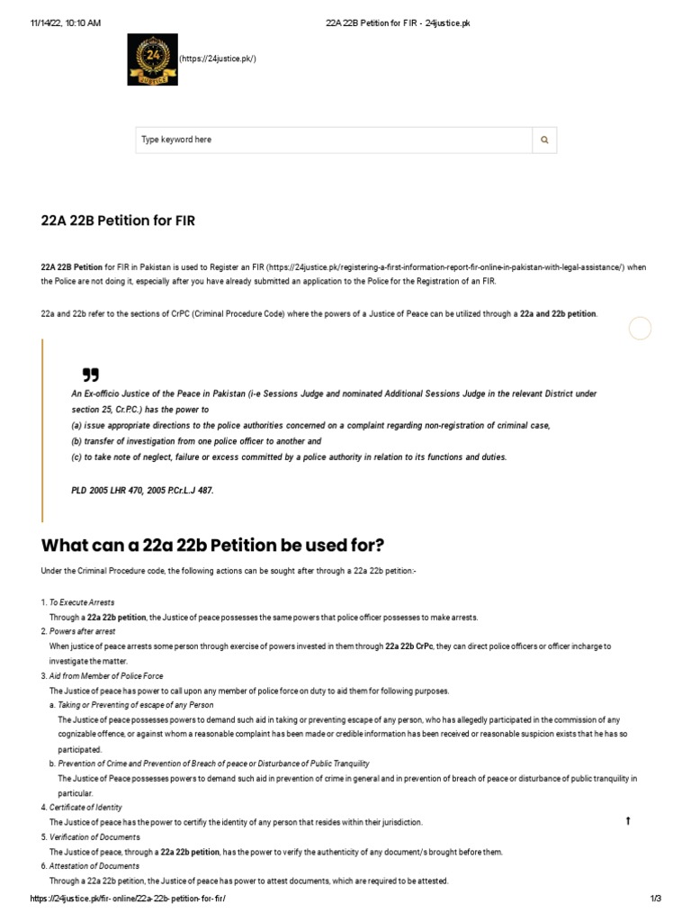 22A 22B Petition For FIR - 24justice - PK | PDF | Justice Of The Peace | Police