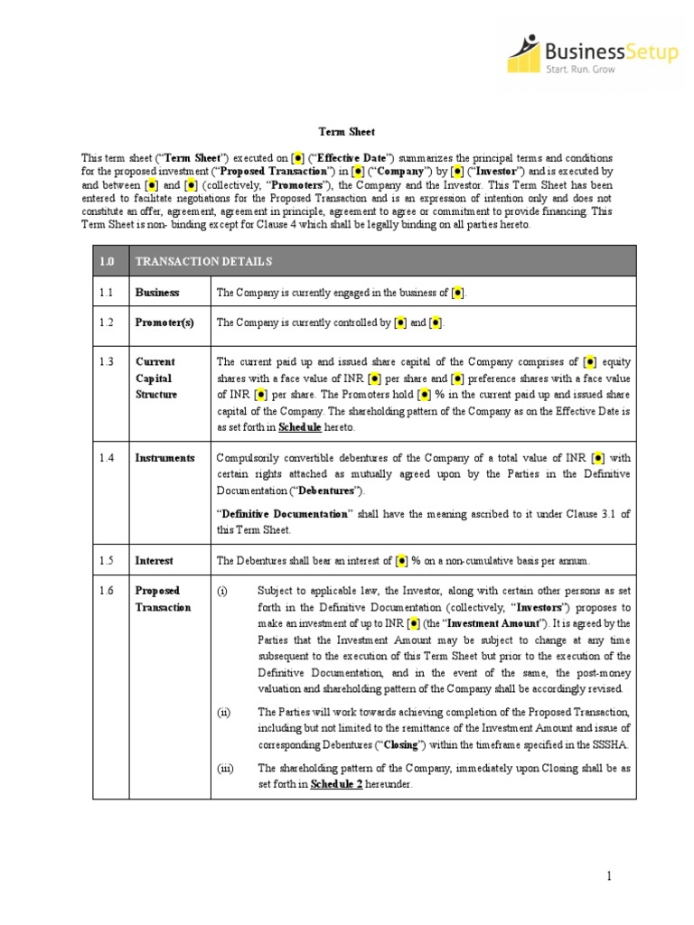 Proposed Investment in ABC Company: Key Terms of the Convertible Debt ...