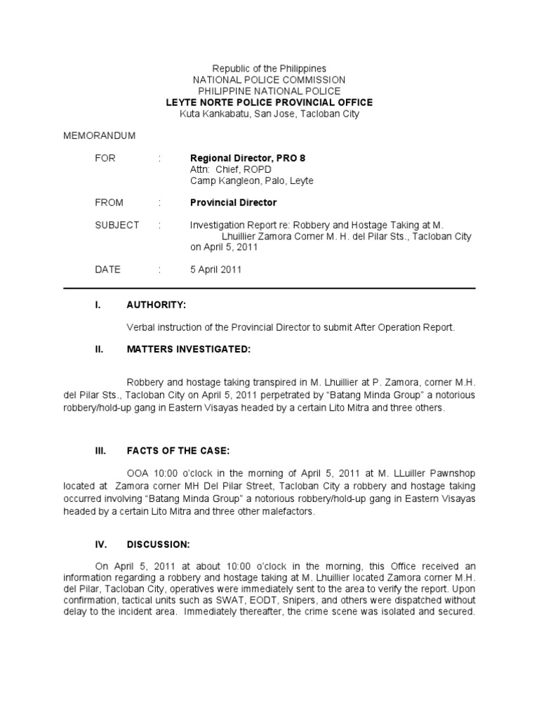 Robbery and Hostage Report - Tacloban City | PDF | Criminal Law | Crime ...