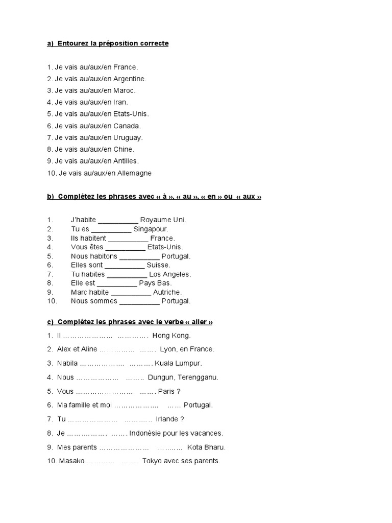 3.30 Preposition en Au Aux A La Exercices | PDF | Échecs | Théorie (échecs)