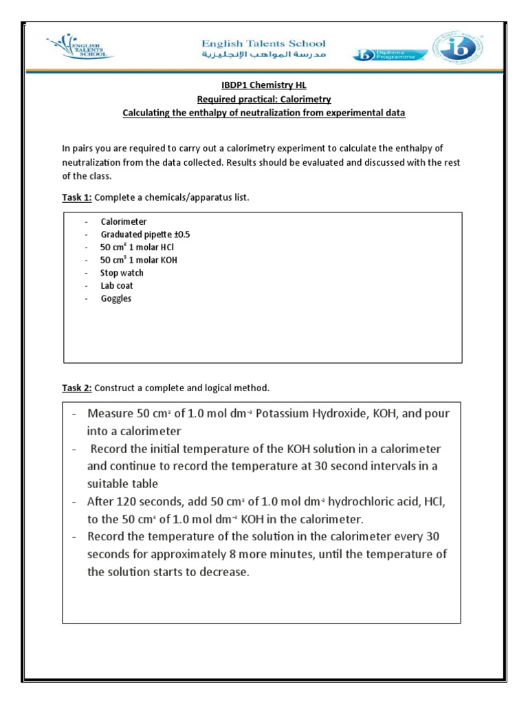 IBDP1 Calorimetry Task Sheet | PDF | Calorimetry | Hydrochloric Acid