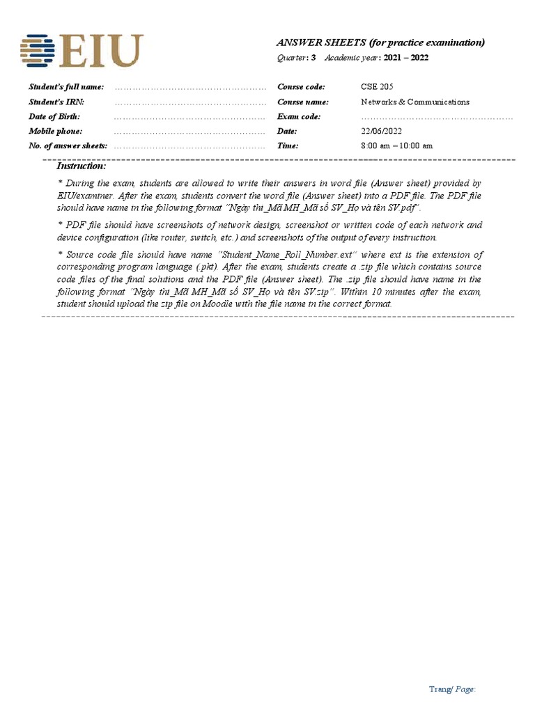 CSE 205 Final Exam - Practice Answer Sheet | PDF | Computers