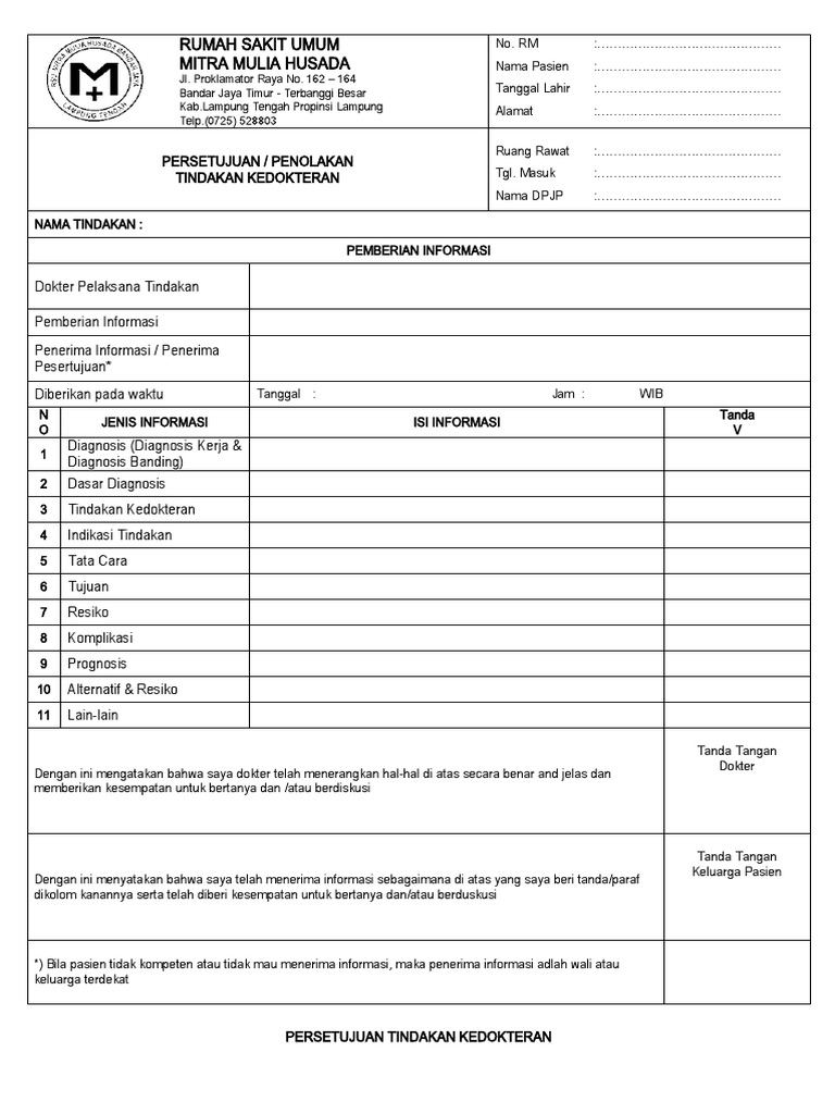 Form Persetujuan Tindakan Kedokteran Kosong | PDF