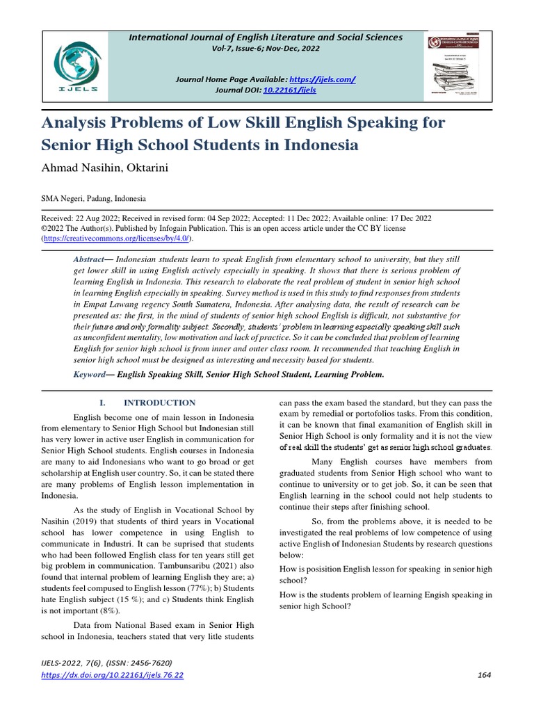 Analysis Problems of Low Skill English Speaking For Senior High School ...