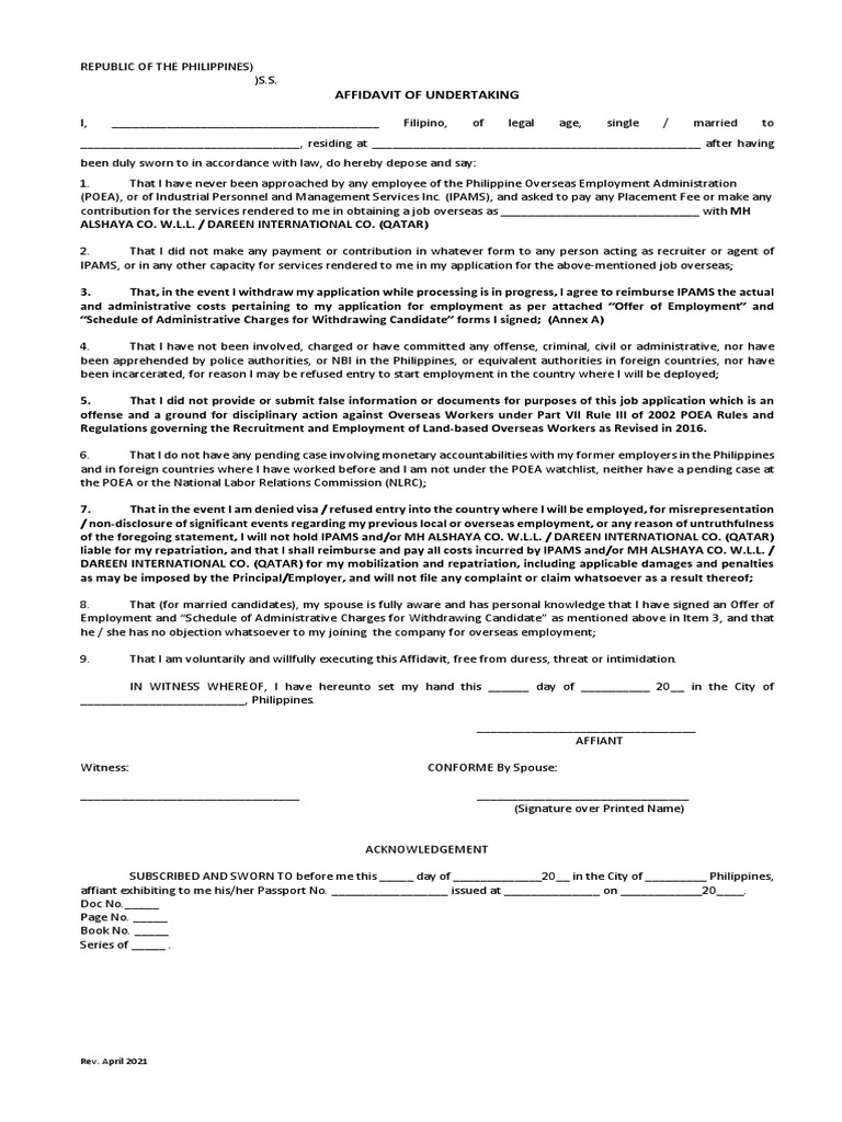 6 - Affidavit of Undertaking | PDF | Justice | Crime & Violence