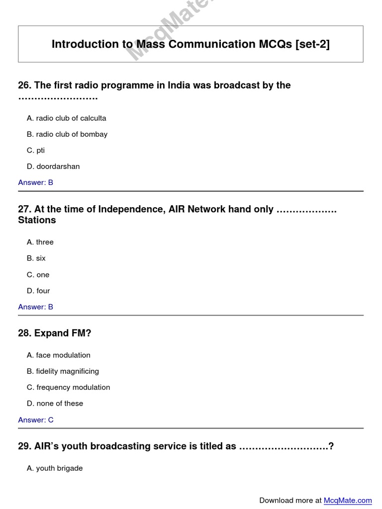 Introduction-To-mass-communication Solved MCQs (Set-2) | PDF | Broadcasting | Communication