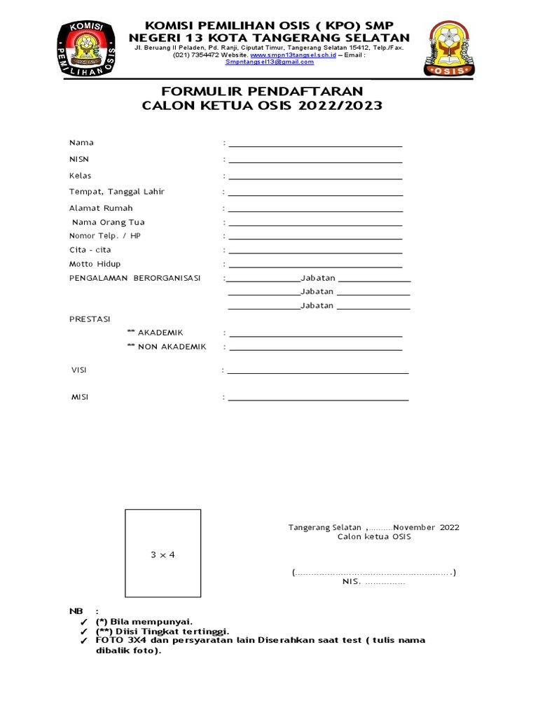 Form Pendaftaran Calon OSIS | PDF