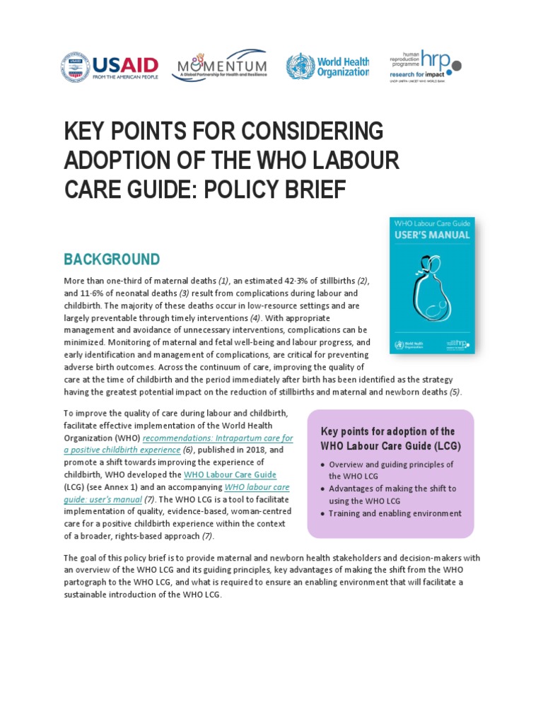 Key Points For Considering Adoption of The Who Labour Care Guide ...