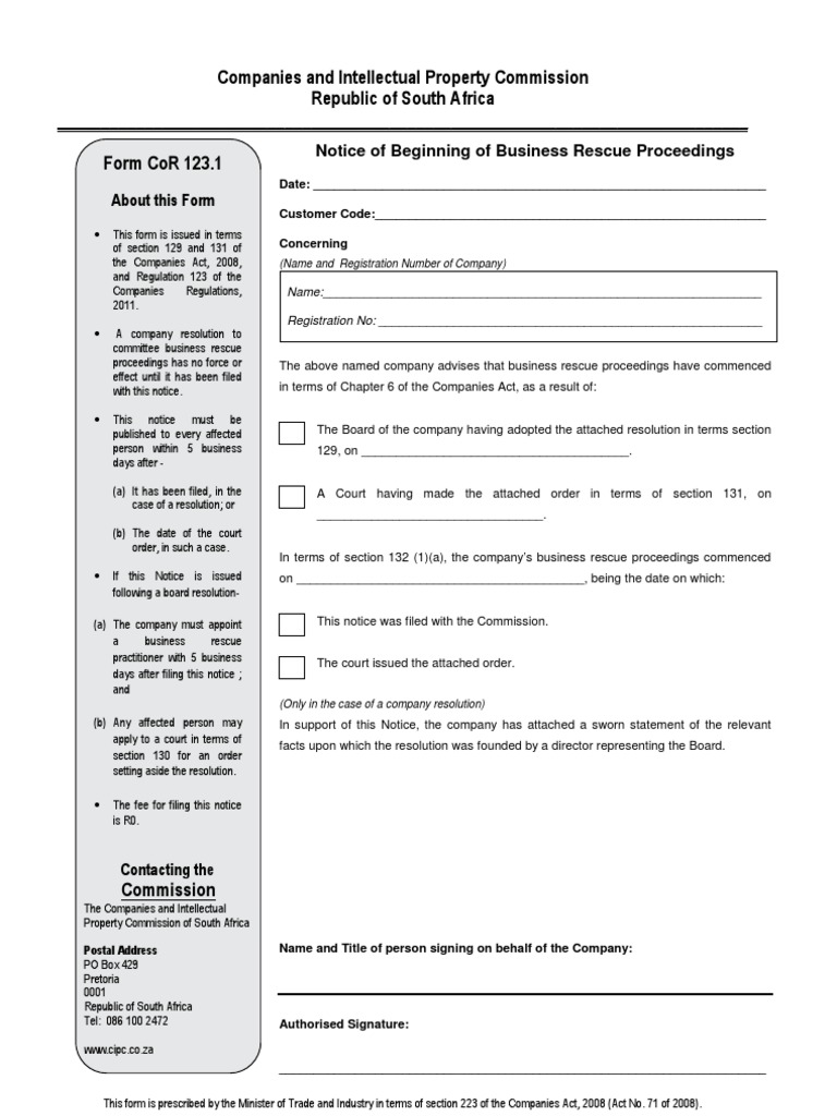 Form CoR 123.1 Notice of Beginning of Business Rescue Proceedings | PDF
