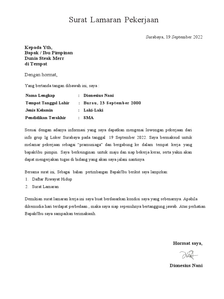 Surat Lamaran Pekerjaan - Whizzmie | PDF