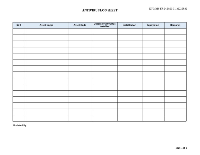 KT-ISMS-FR-04 Antivirus Log Sheet | PDF