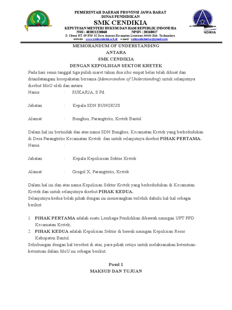 Contoh Mou Sekolah Dengan Kepolisian | PDF