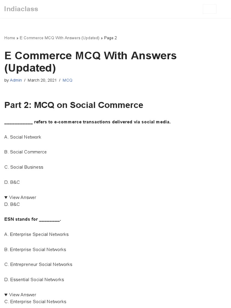 E-Commerce MCQs and Answers Guide | PDF | E Commerce | Marketing