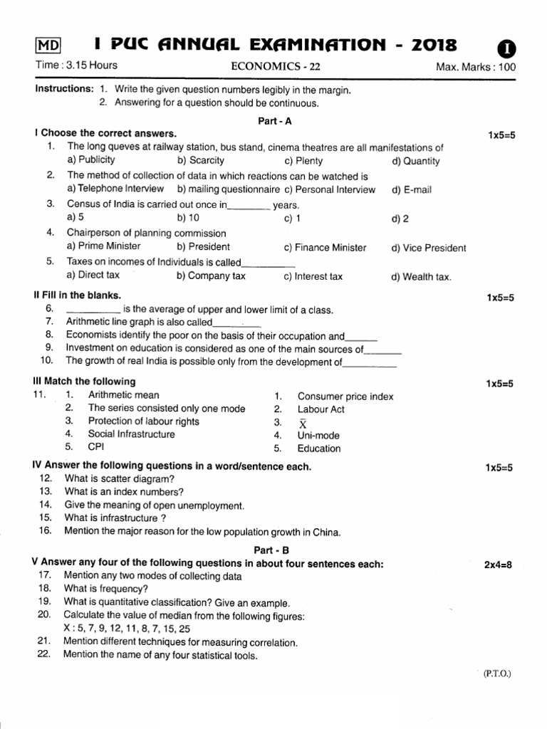 1st Puc Economics Annual Examination Question Paper Eng Version 2018 ...