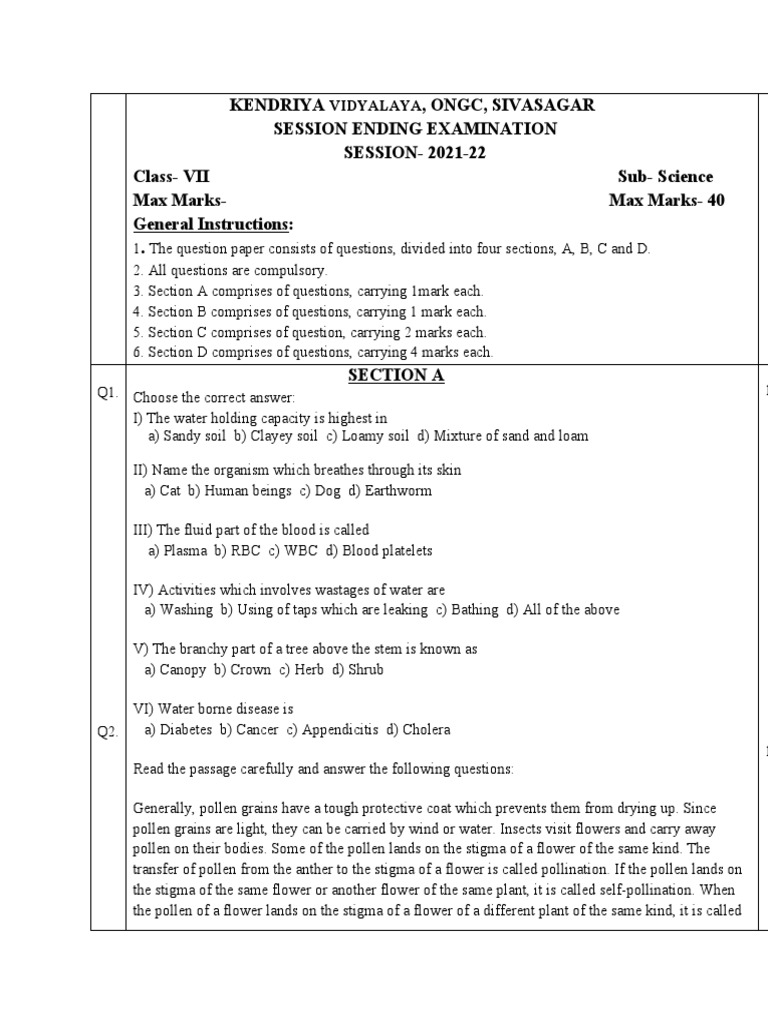 Class VII END SEM SCIENCE QP | PDF | Flowers | Pollination