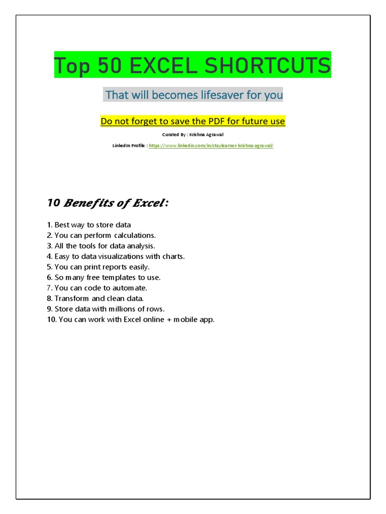 Top 50 EXCEL SHORTCUTS That Will Becomes Lifesaver For You | PDF | Art ...