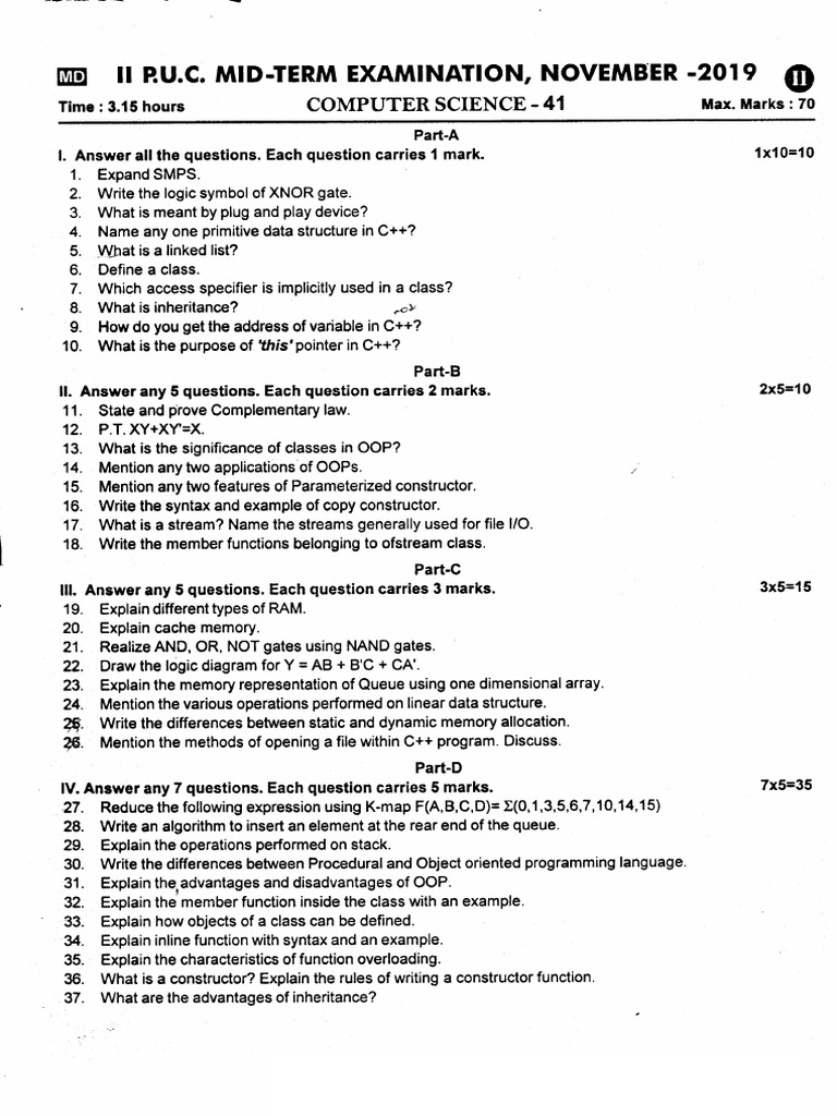Puc 2ND CS Midterm QP 2019 | PDF | C++ | Programming