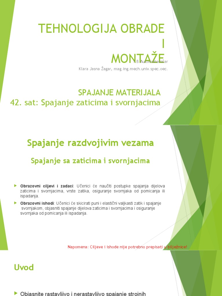 Mehaničari - Spajanje Sa Zaticima I Svornjacima - 1 Razred | PDF