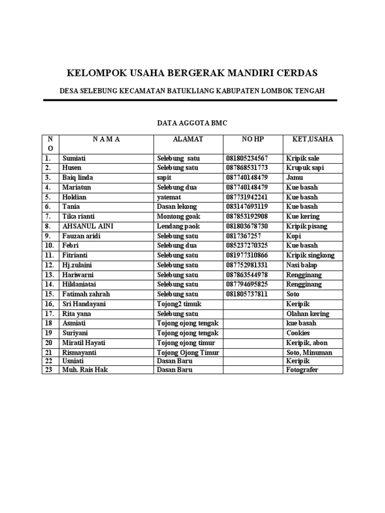 Usaha Mandiri Cerdas Desa Selebung | PDF