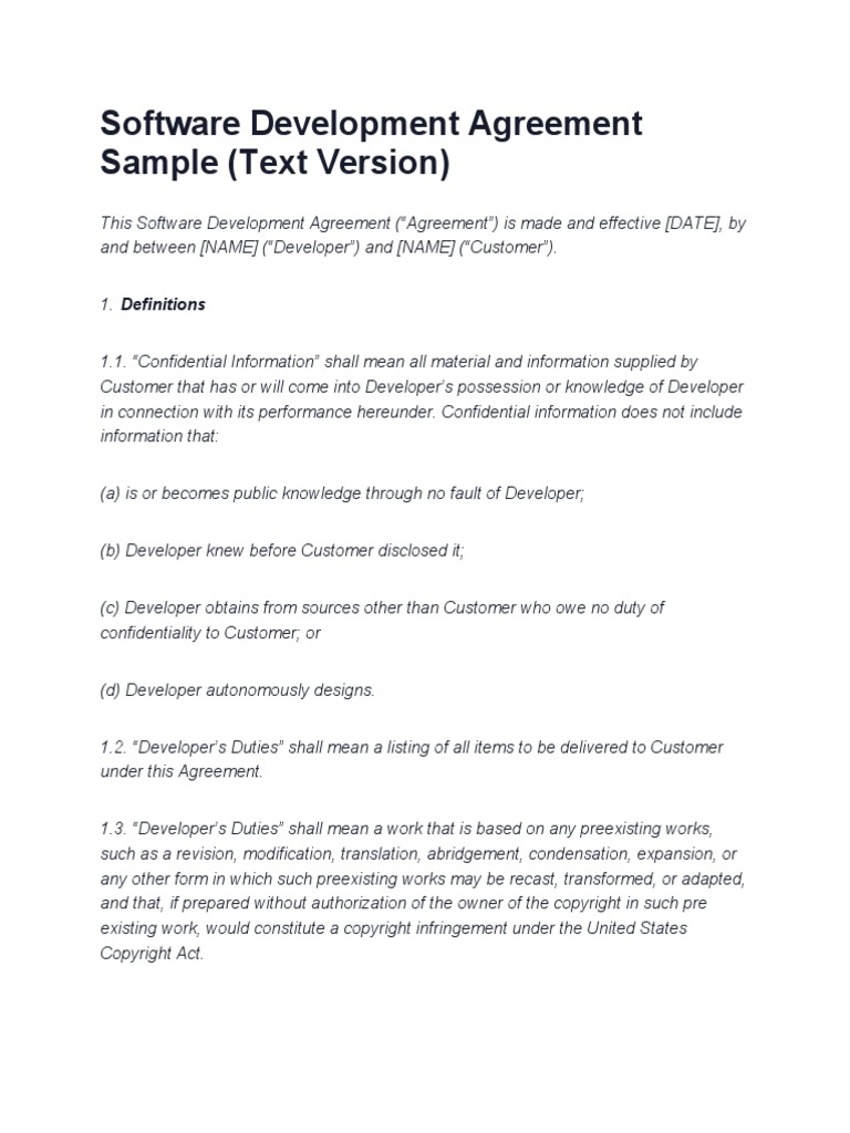 Software Development Agreement Sample | PDF | Trade Secret | Breach Of ...