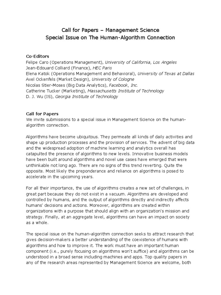 MS Special Issue On The Human-Algorithm Connection Final-1633375494 | PDF | Algorithms | Analytics