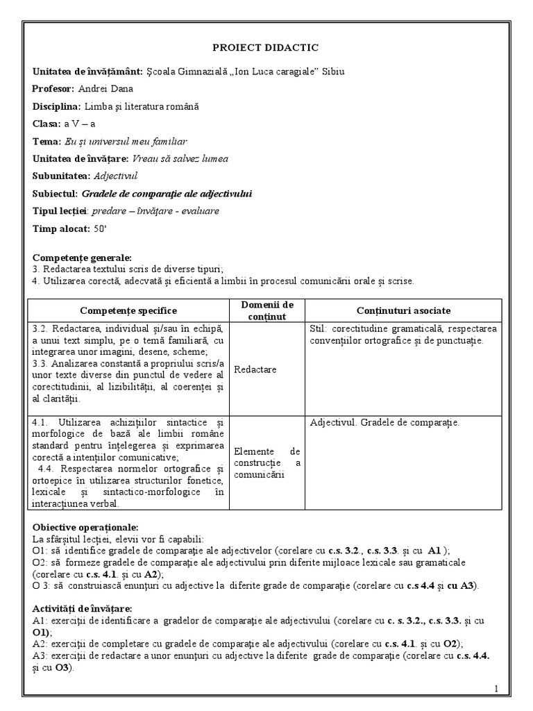 Proiect - Gradele de Comparatie Ale Adjectivului V | PDF