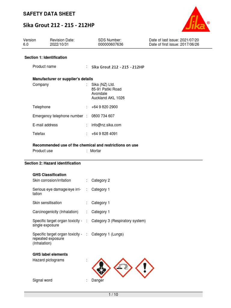 Sika Grout 212 215 212hp - Msds | PDF | Dangerous Goods | Physical Sciences