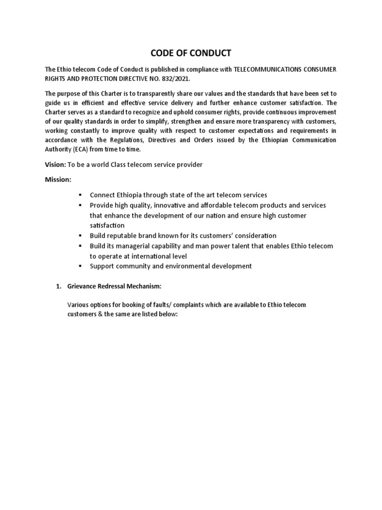 Ethio telecom Code of Conduct | PDF