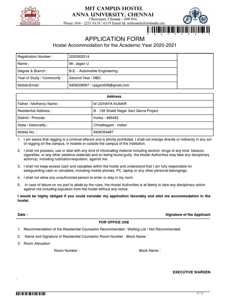 Application Form: Hostel Accommodation For The Academic Year 2020-2021 | PDF | Justice | Crime ...