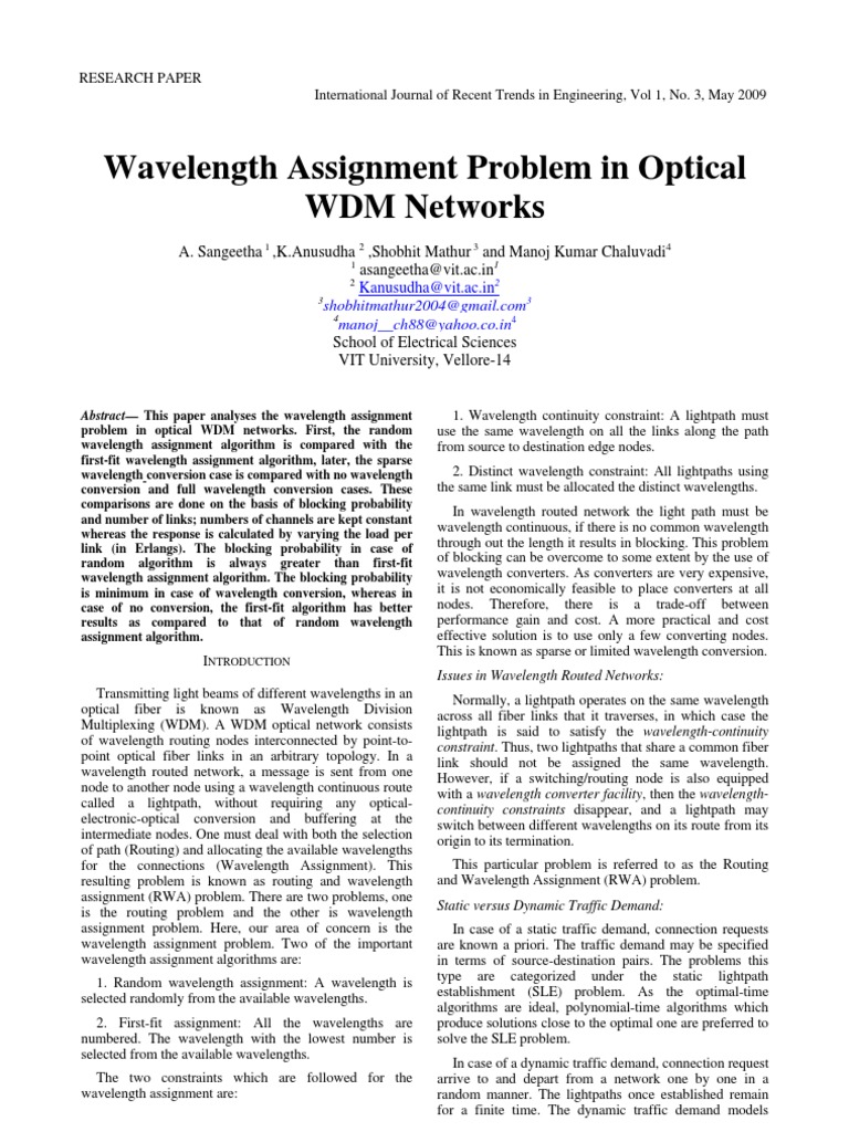 Wavelength Assignment Problem In Optical Pdf Routing Linear Programming