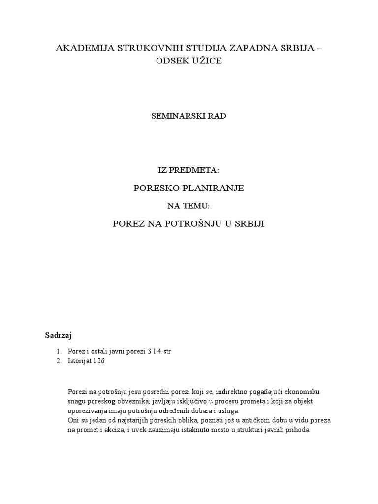 Porez Na Potrosnju U Srbiji | PDF
