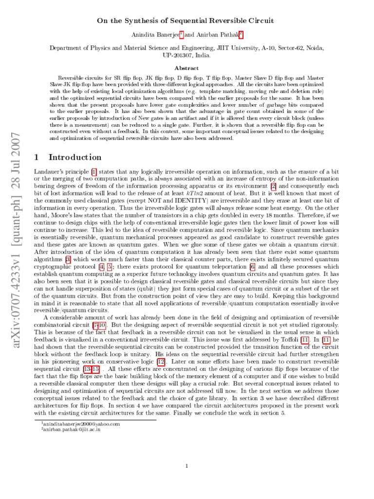 On The Synthesis Of Sequential Reversible Circuit Pdf Quantum
