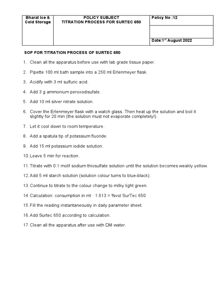 SOP Titration Process Surtec 650 | PDF
