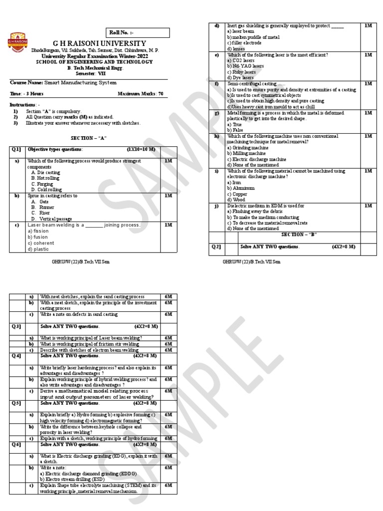 QP - ESE - S22 - ME - MET704 - Smart Manufacturing System | PDF ...