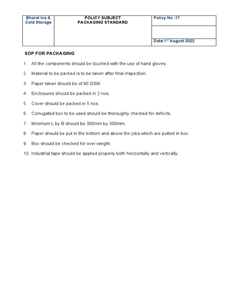 Sop For Packaging 17 | PDF