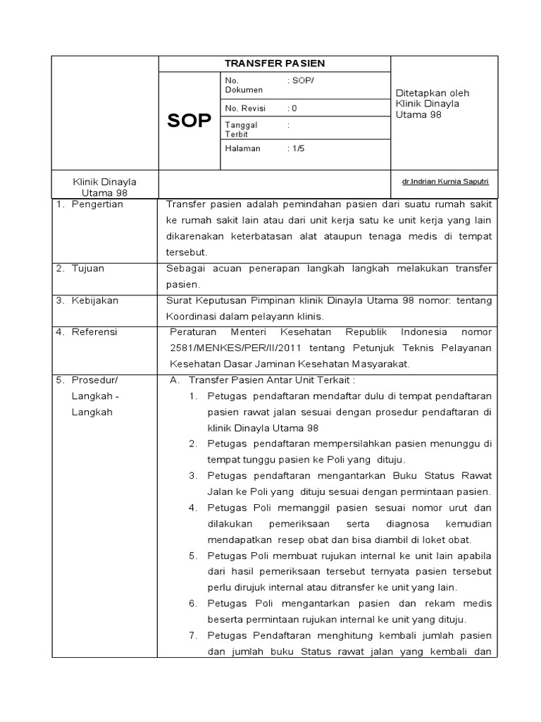 SOP Transfer Pasien Klinik | PDF