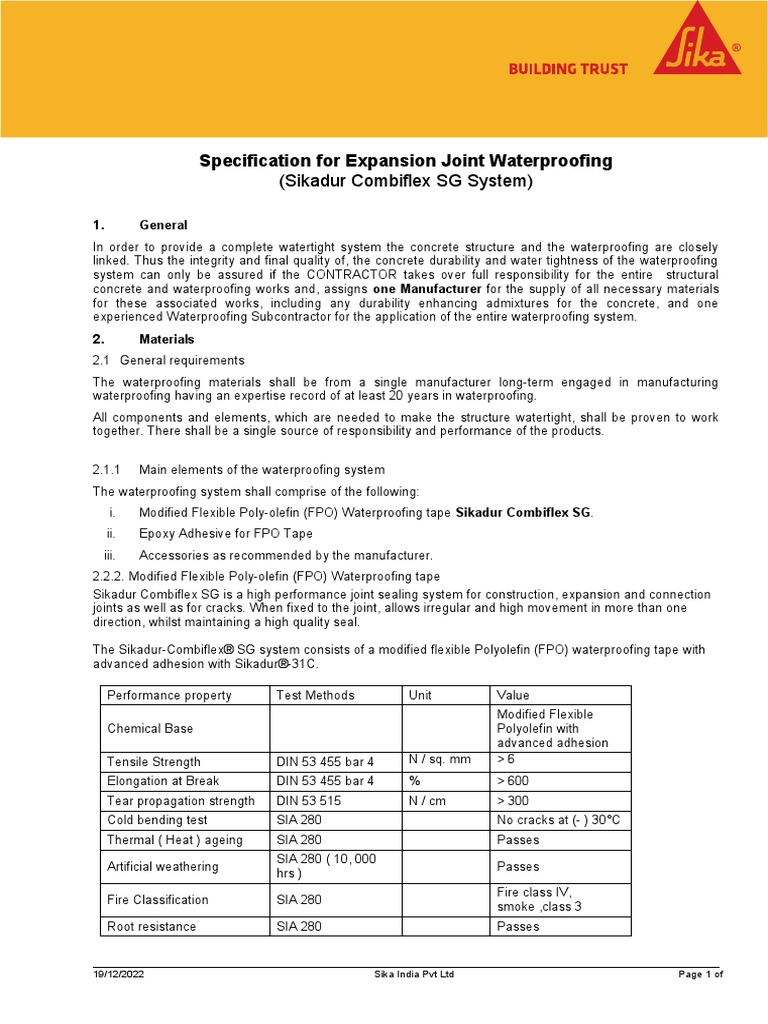 Expansion Joint Waterproofing Specs - SD Combiflex SG v2 | PDF ...