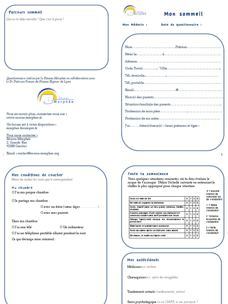 Questionnaire sur le sommeil des adolescents | PDF | Sommeil ...
