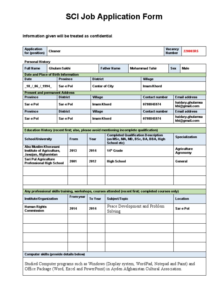 SCI Job Application - Cleaner | PDF
