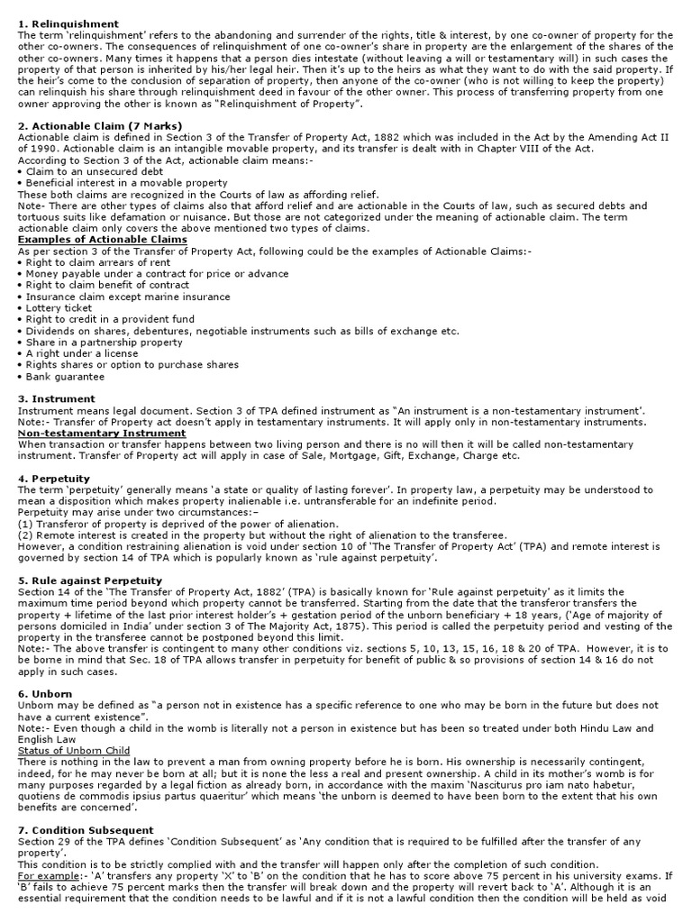 Short Notes On Various Topics | PDF | Leasehold Estate | Apportionment