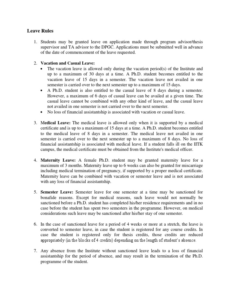 IITK PhD Leave Rules Summary | PDF | Doctor Of Philosophy | Thesis
