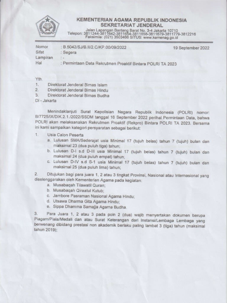 Permintaan Data Rekrutmen Proaktif Bintara Polri 2023 | PDF