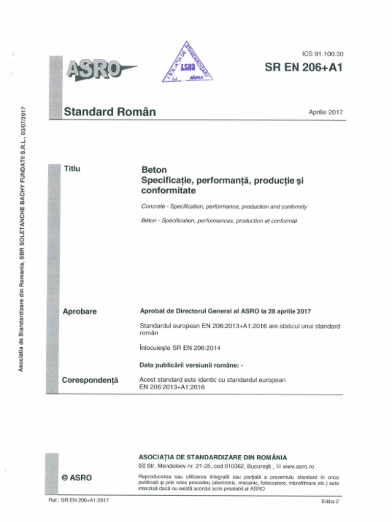 SR en 206 A1 - Beton - Specficatie, Performanta, Productie Si ...