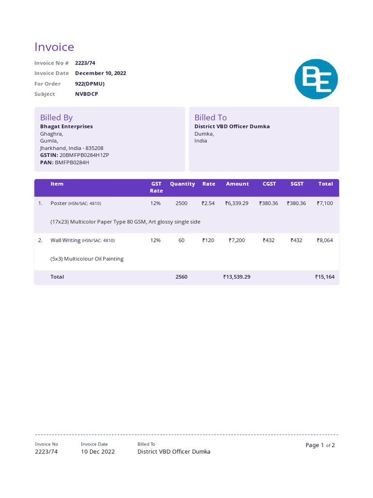 Invoice 222374 Bhagat Enterprises District VBD Officer Dumka | PDF ...